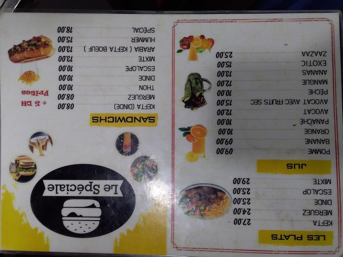 Menu au Snack Le Spéciale, Agadir