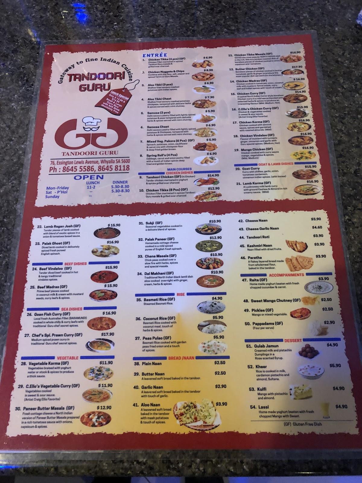 Menu at Tandoori Guru restaurant, Whyalla, 76 Essington Lewis Ave