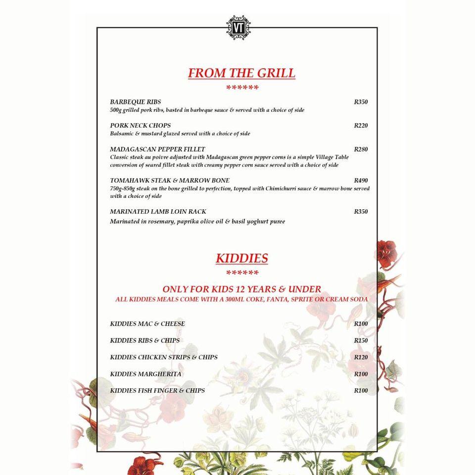 Menu at The Village Table restaurant, Durban