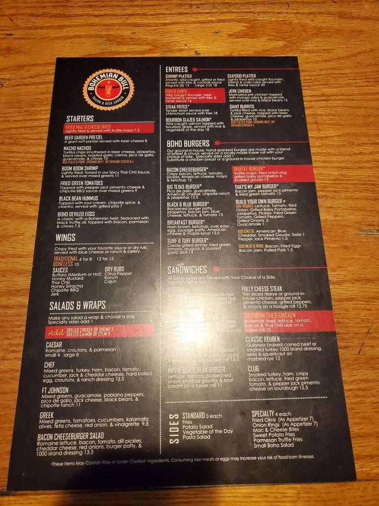 Menu at Bohemian Bull restaurant, Charleston