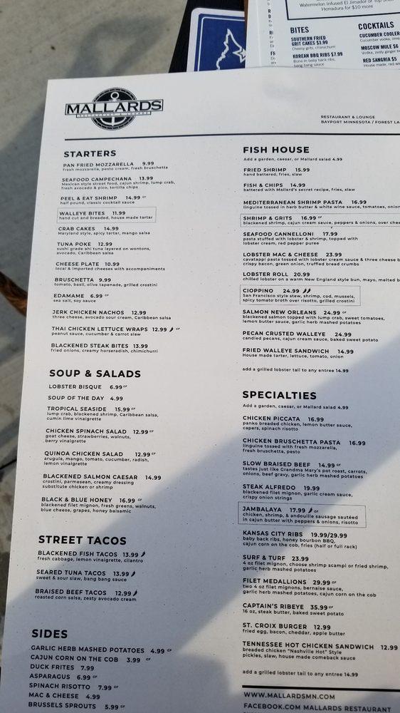 Menu at Mallards Restaurant, Forest Lake