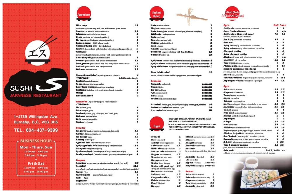 Menu at Sushi S Japanese Restaurant, Burnaby