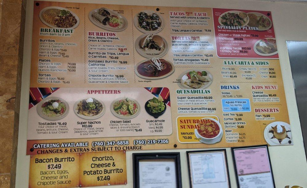 Menu at Tacos Gonzalez restaurant, Indio