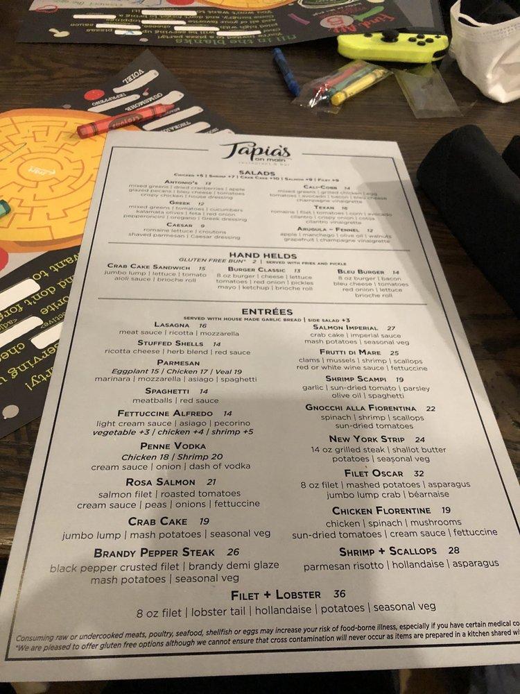 Menu at Tapia's on Main pub & bar, Middletown