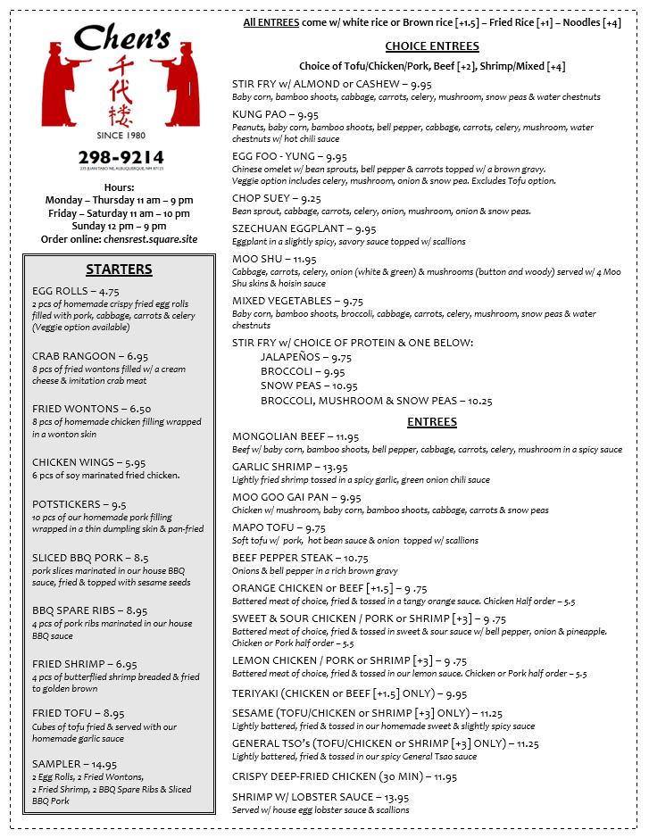 Menu at Chen's Chinese Restaurant, Albuquerque