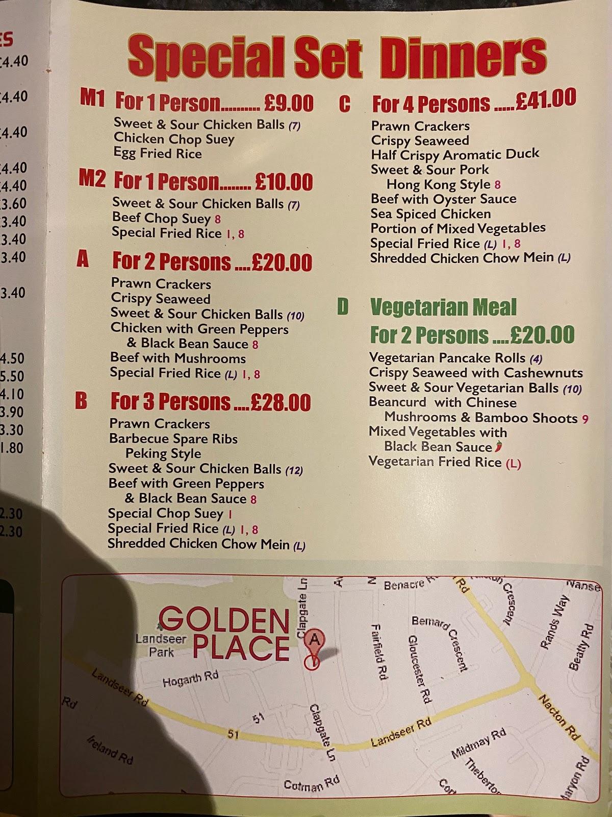 Menu at Golden Palace restaurant, Ipswich