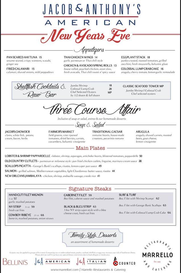 Menu at Jacob & Anthony's restaurant, Saratoga Springs