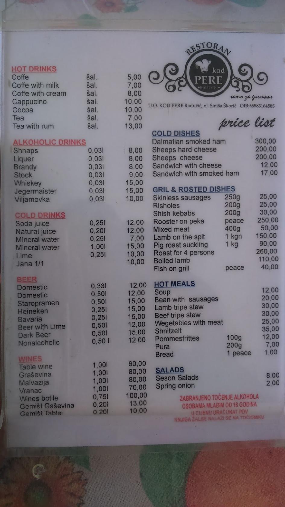 Menu at Kod Pere restaurant, Radučić
