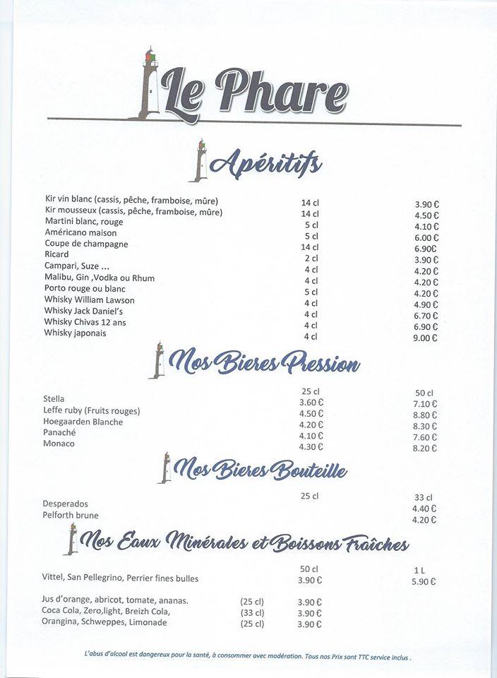 Menu at Le Phare restaurant, Ormoy