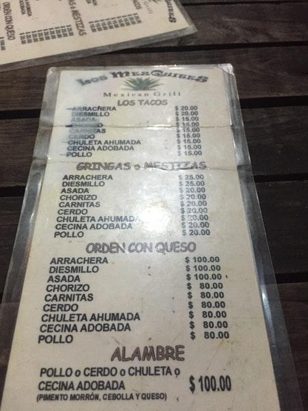Menu at Los mesquites restaurant, Puerto Morelos