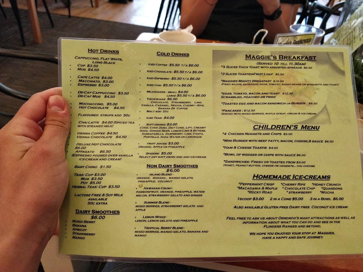 Menu at Maggie's Rendezvous cafe, Orroroo