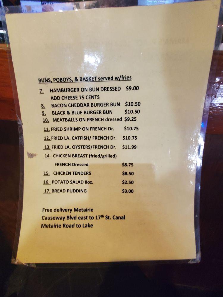 Menu at Mama's Place pub & bar, Metairie