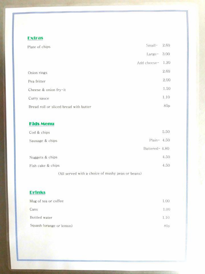 Menu at Philpott’s Fish & Chips restaurant, Southampton