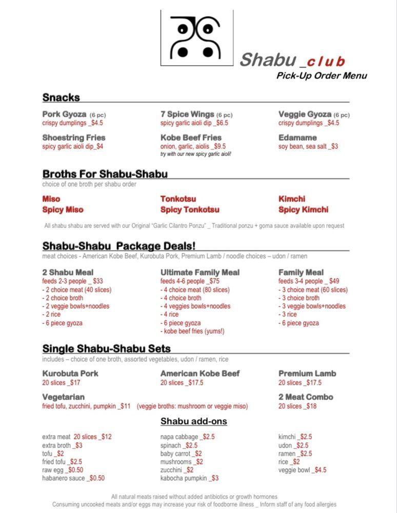 Menu at Shabu Club, San Francisco