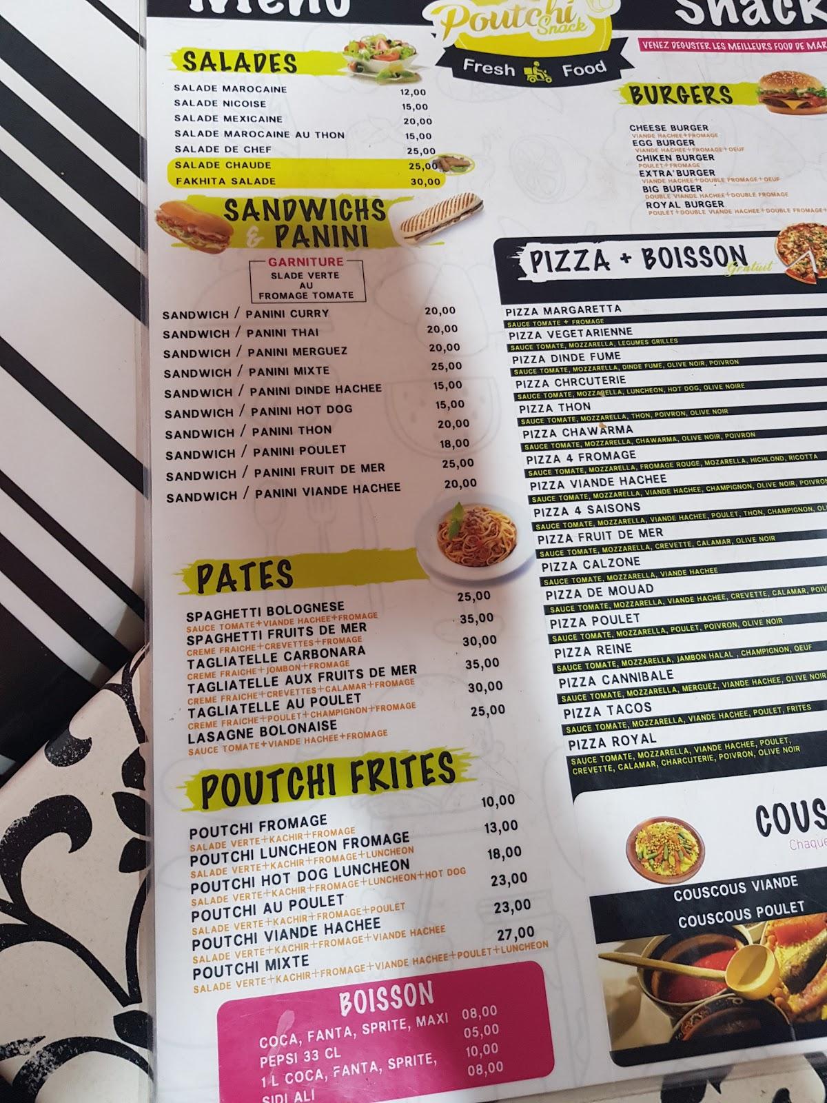 Menu at Snack restaurant, Marrakesh, JXXP+8J7 snack potchez