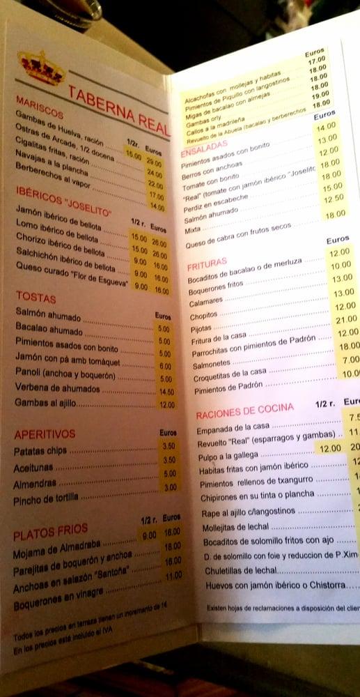 Carta de Taberna Real Restaurante, Madrid, Pl. de Isabel II