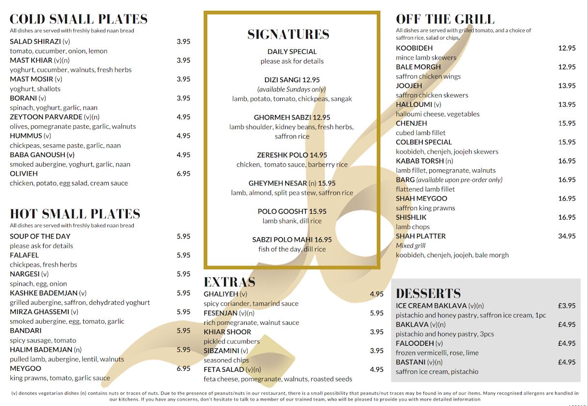 Menu at Colbeh, Persian Kitchen & Bar (Birmingham), Birmingham