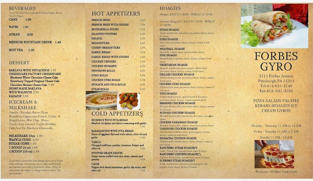 Menu at Forbes Gyro pizzeria, Pittsburgh