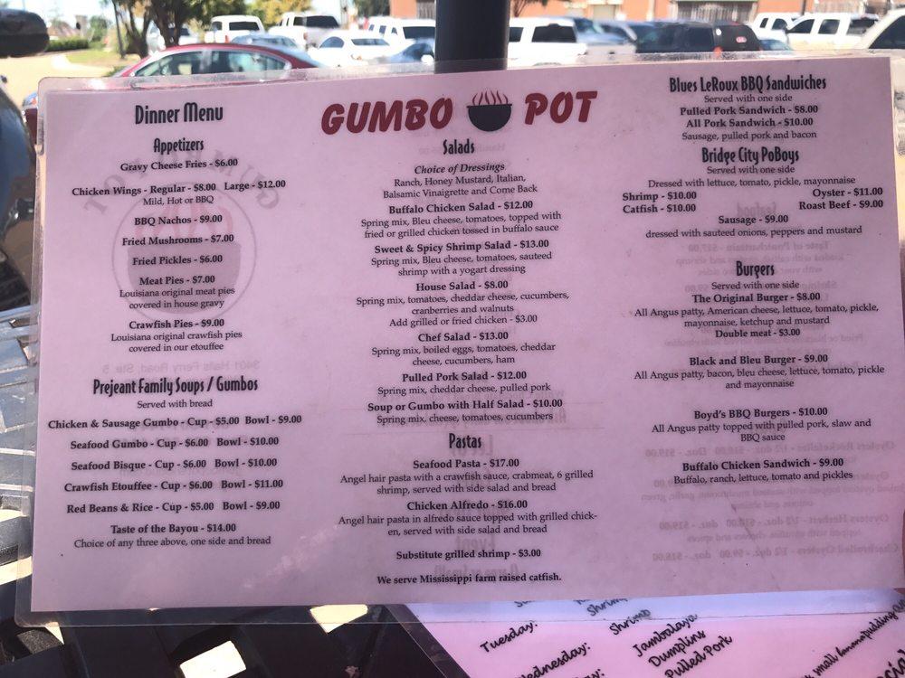 Menu at Gumbo Pot restaurant, Vicksburg