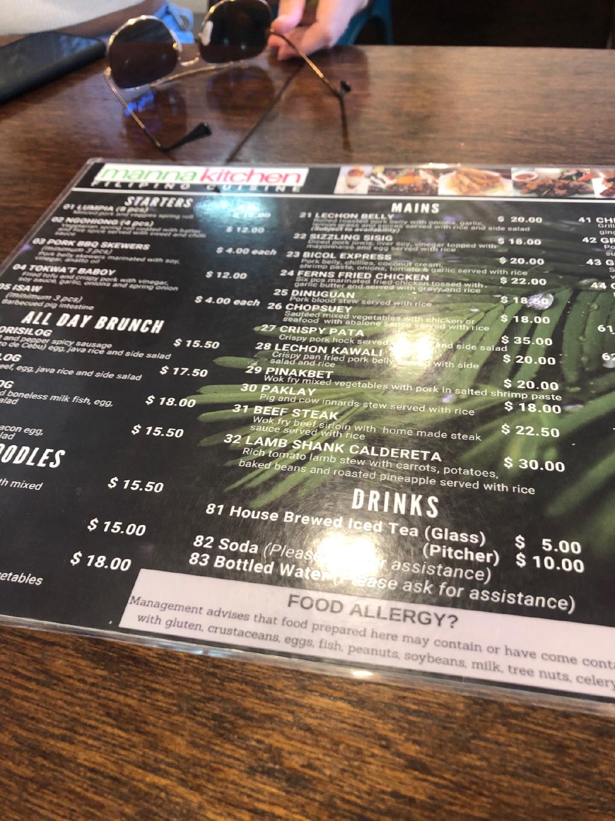 Menu at Manna Kitchen restaurant, Auckland, 244 Onehunga Mall