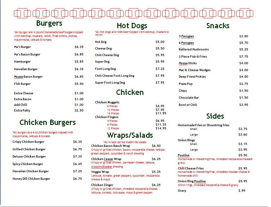 Menu at Ma's Drive-in restaurant, Canada