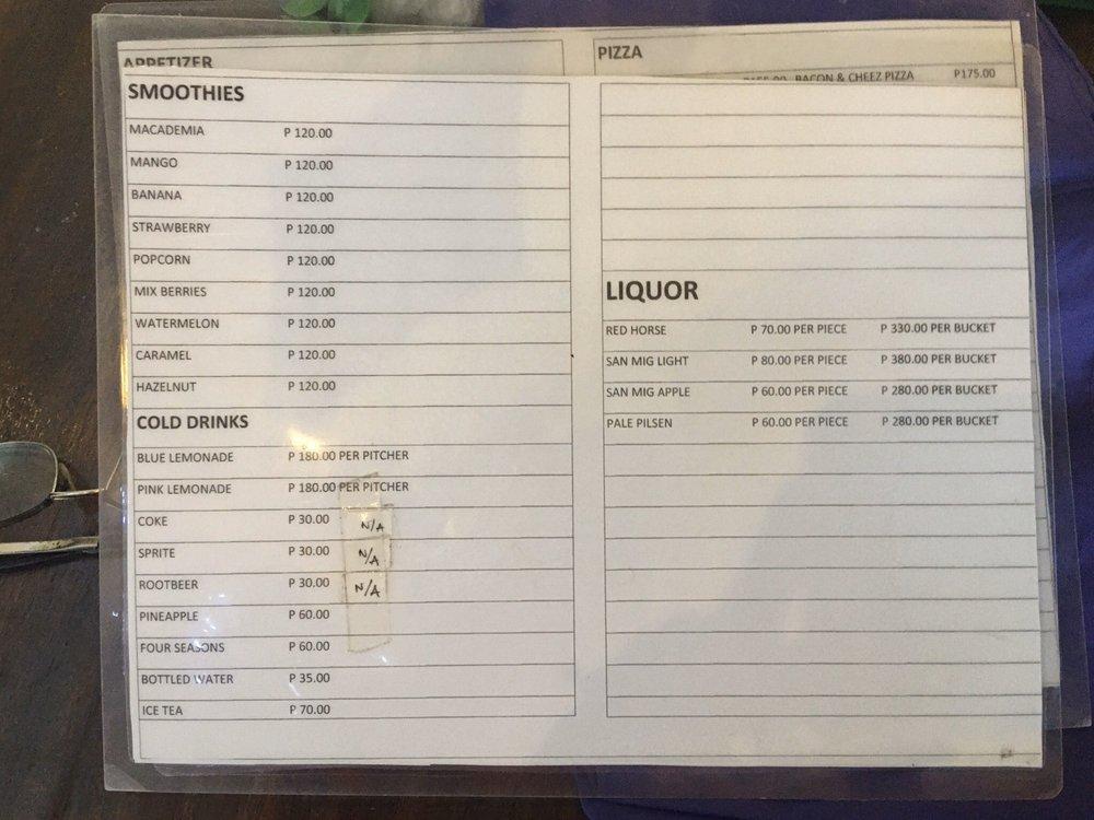 Menu at Poems Cafe, Angeles