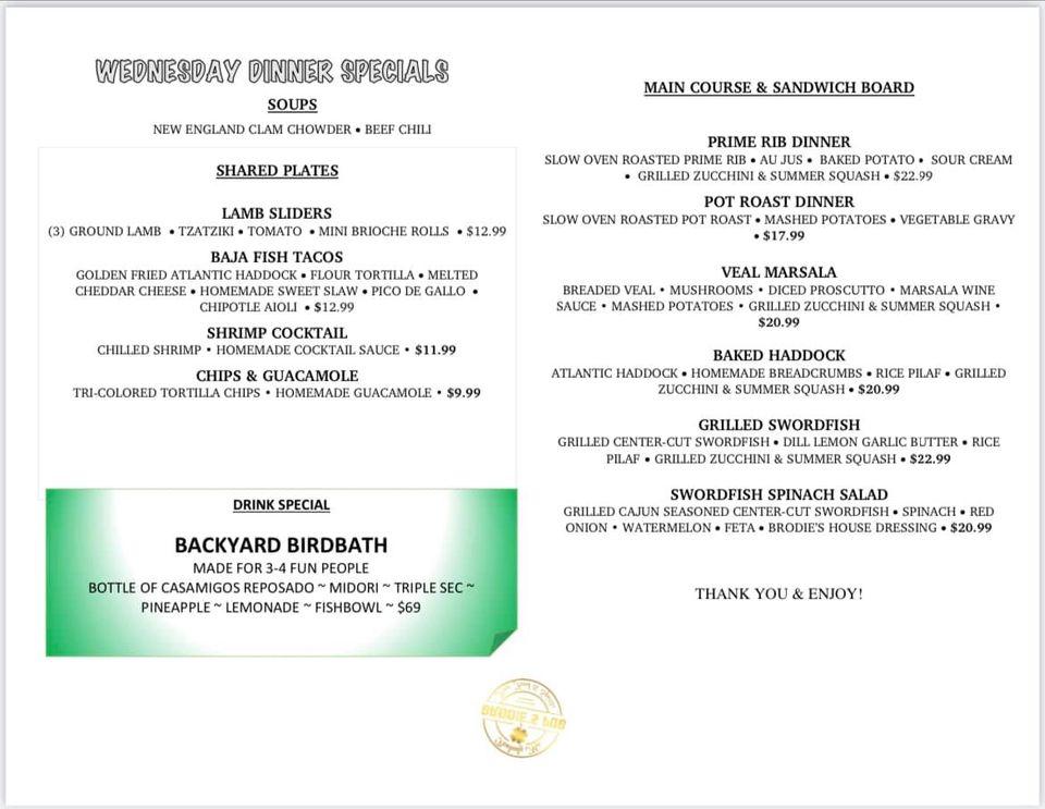 Menu at Brodie's Pub, Peabody