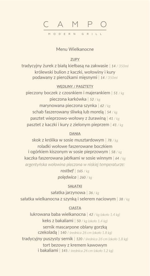 Menu at Campo Modern Grill steakhouse, Wrocław