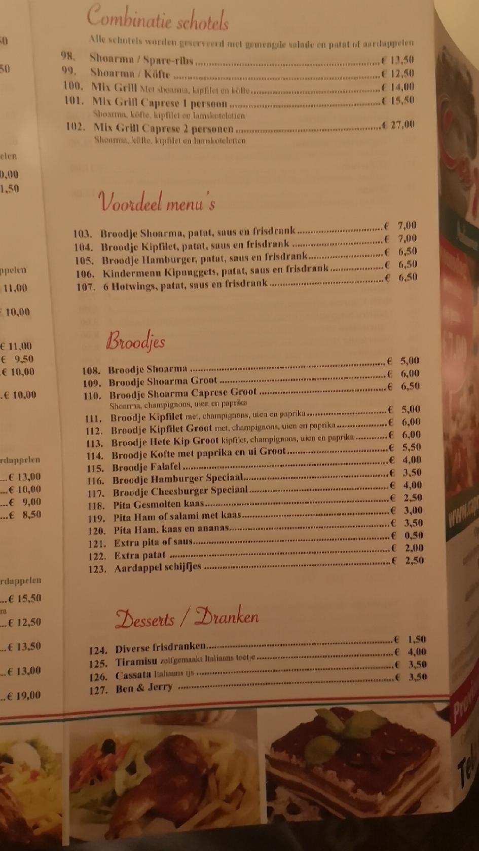 Menu at Caprese, Bunnik