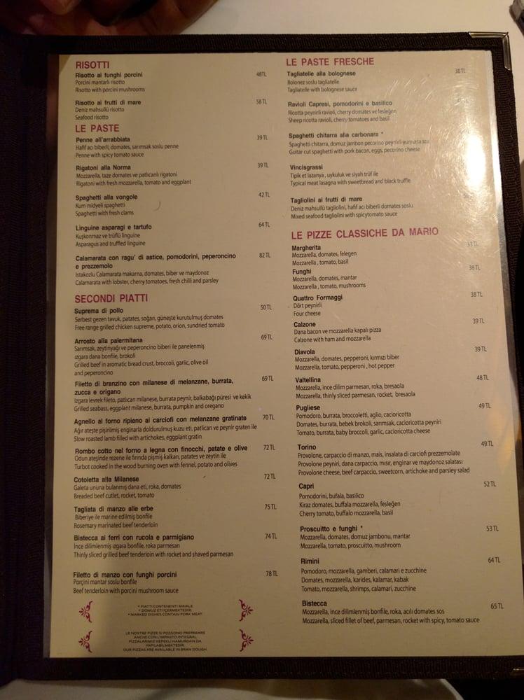 Menu at Da Mario, Istanbul, Etiler