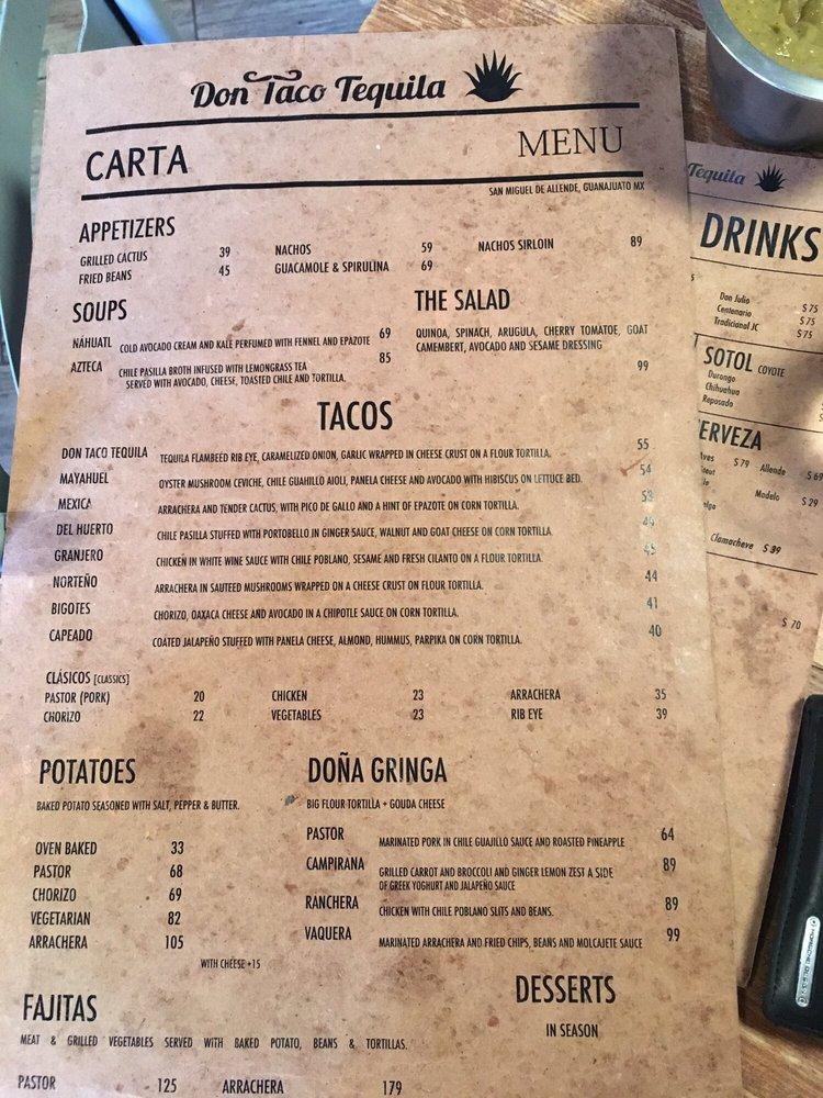 Menu at Don Taco Tequila restaurant, San Miguel de Allende