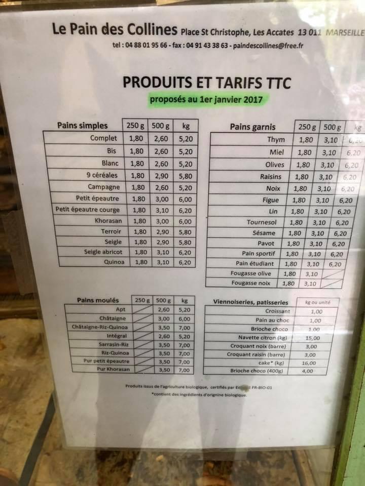 Menu at Le Pain des Collines, Marseille, Pl. Saint-Christophe