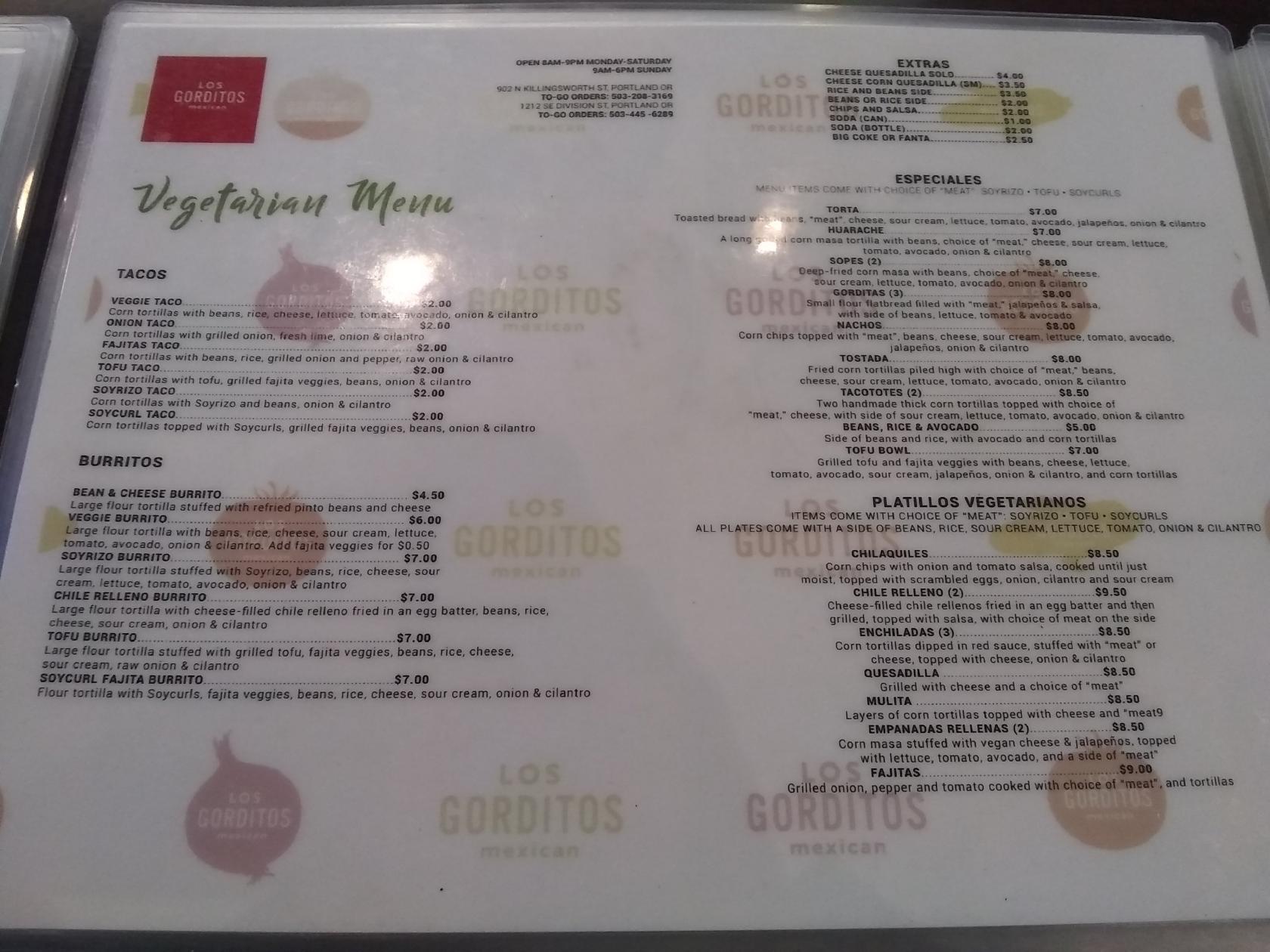 Menu at Los Gorditos restaurant, Portland, 902 N Killingsworth St
