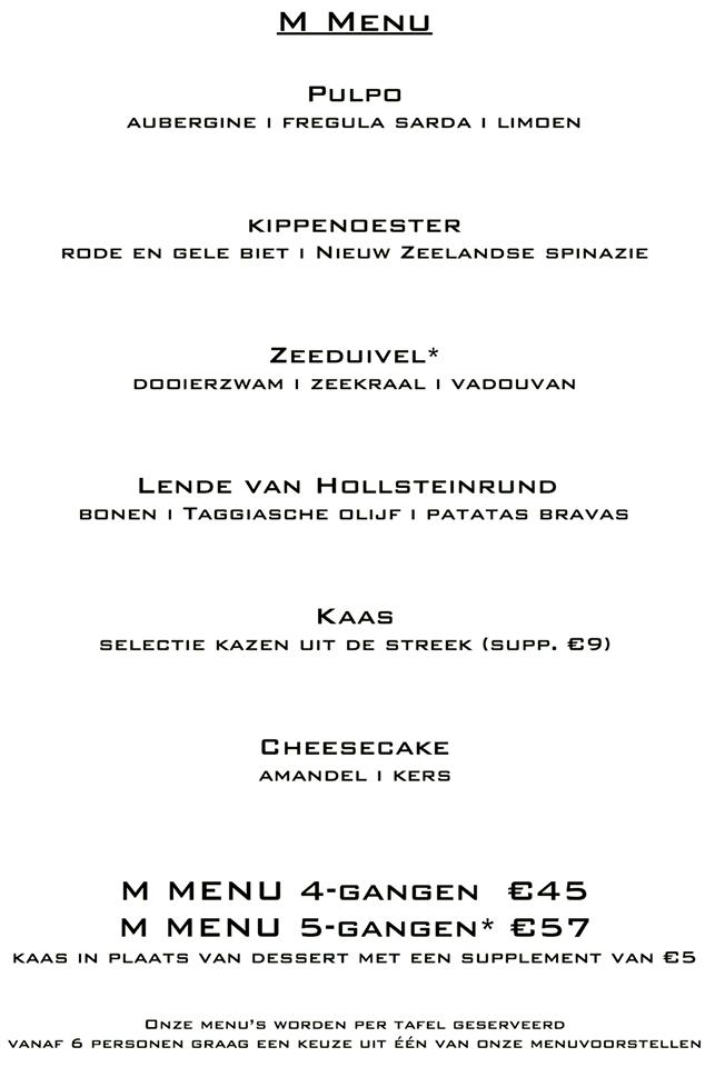 Menu at M BISTRO, Nieuwpoort