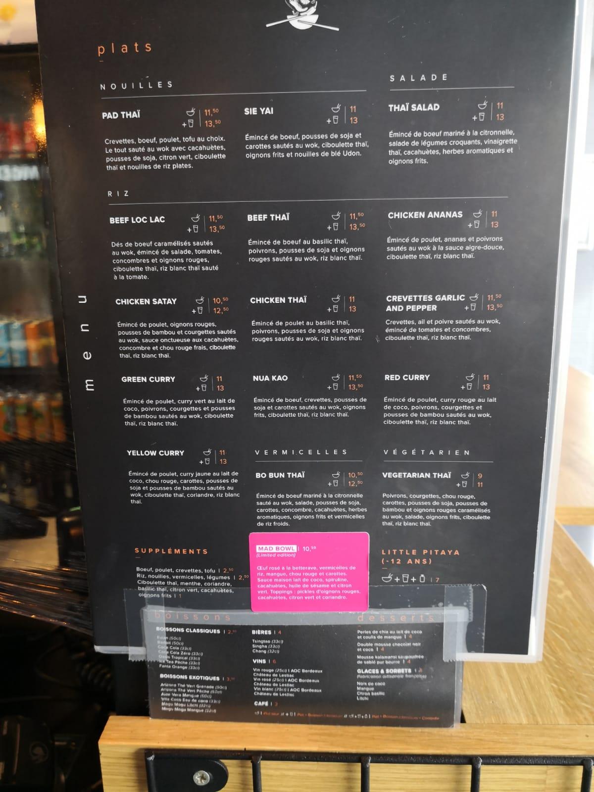 Menu at Pitaya Thaï Street Food restaurant, Le Havre