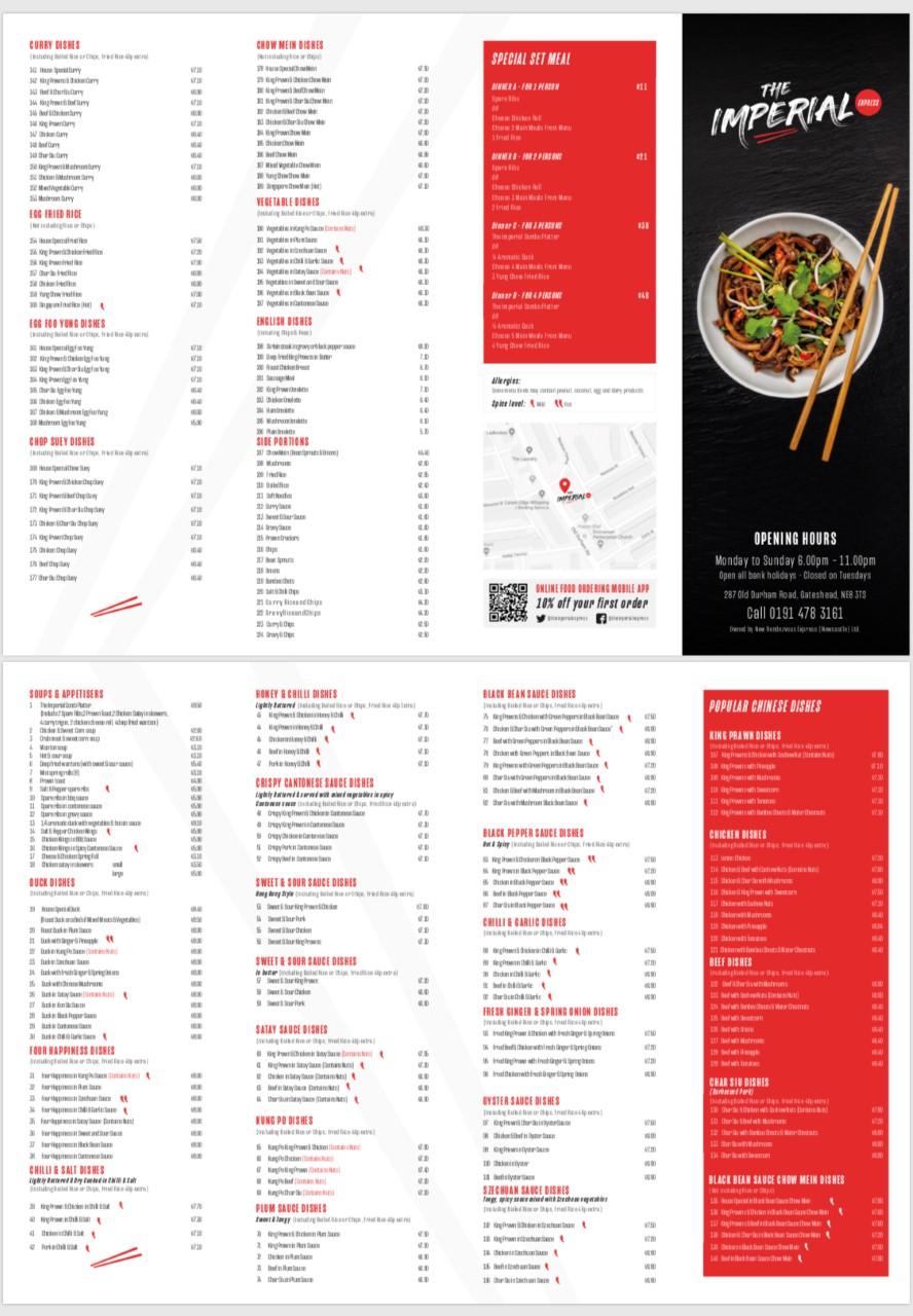 Menu at The Imperial Express Chinese Takeaway fast food, Gateshead, 287 ...