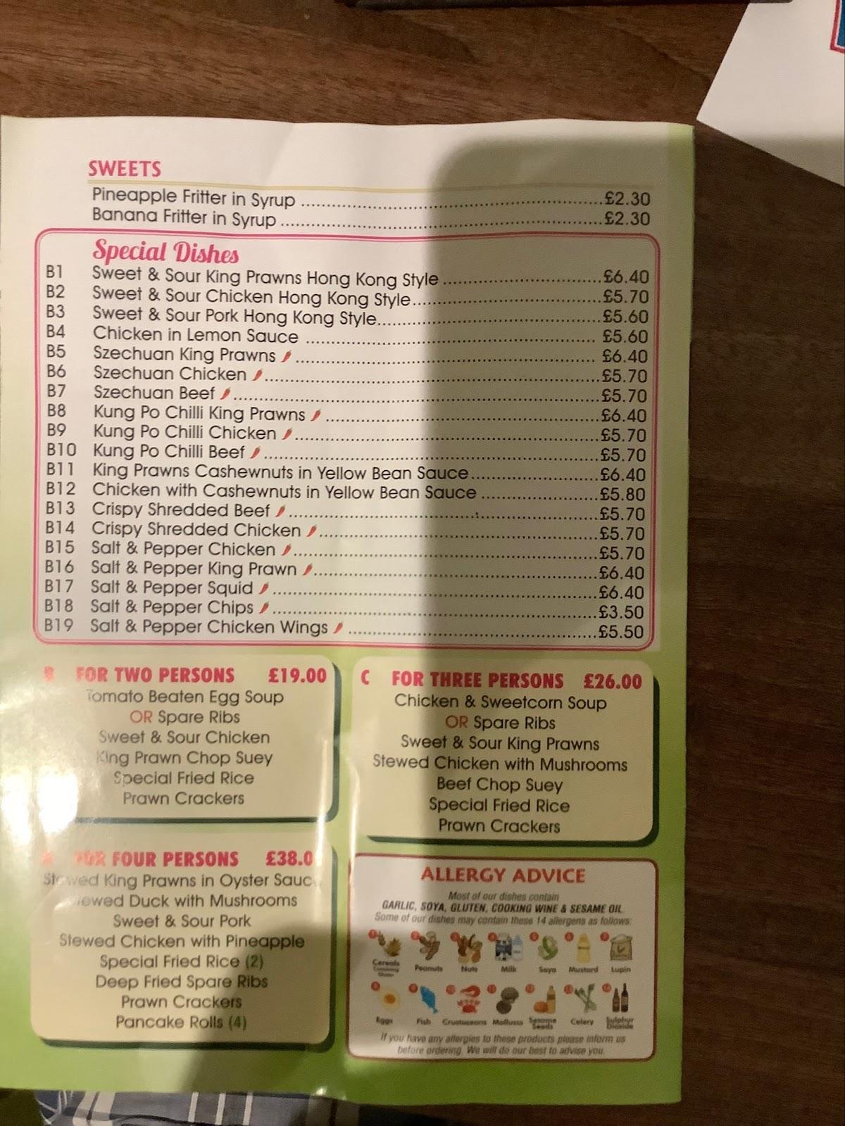Menu at Wan's fast food, Exeter