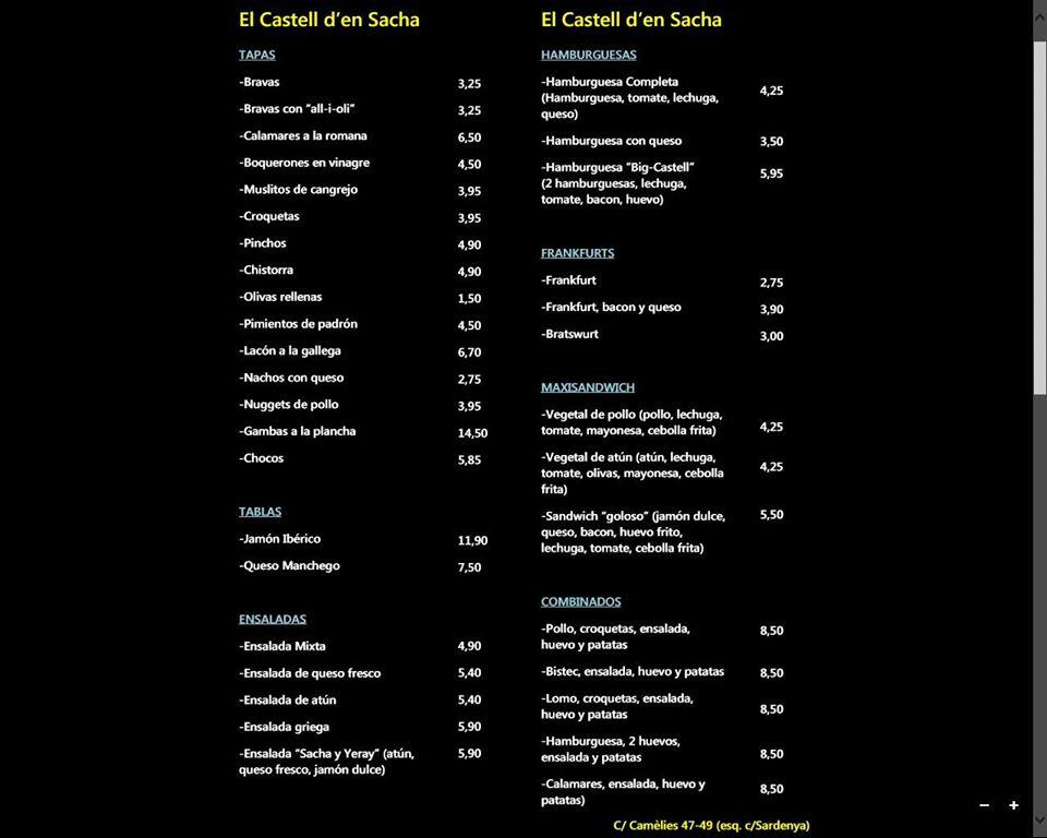 Menu at Restaurant El Castell D'en Sacha, Barcelona