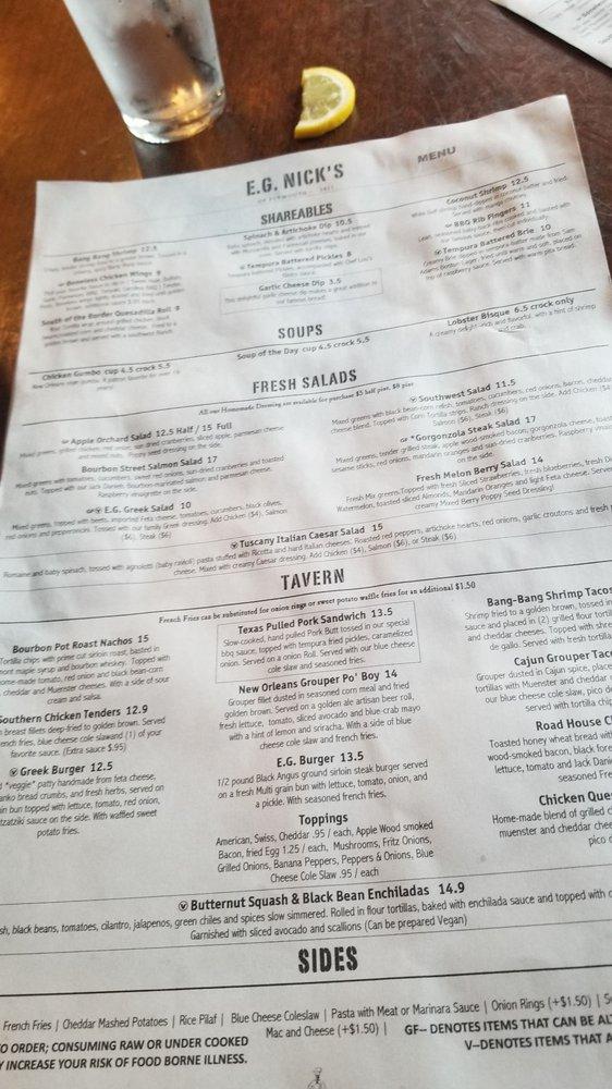 Menu at E.G. Nick's Of Downtown Plymouth pub & bar, Plymouth