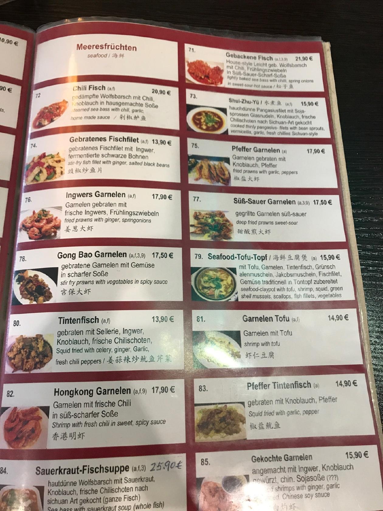 Menu at Fuyuan restaurant, Munich