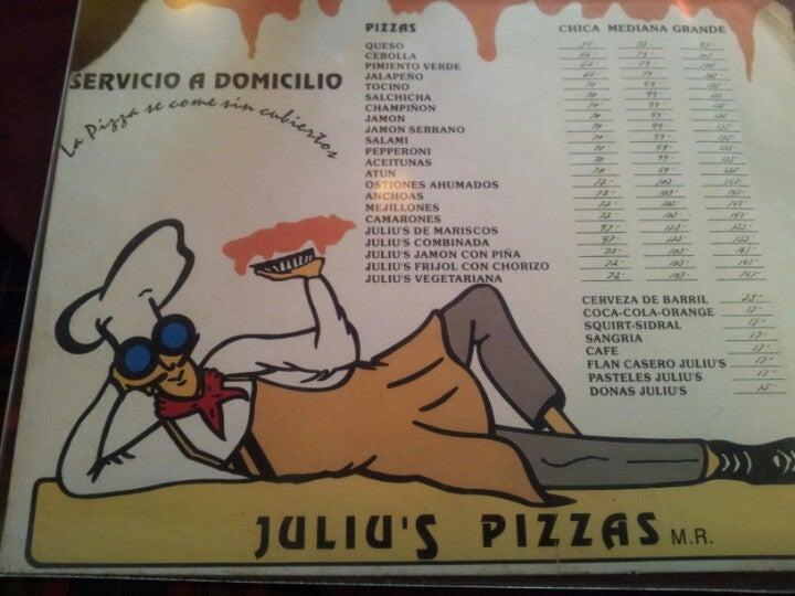 Carta de pizzería Julius Pizzas, Ciudad de México, Pilares No. 60