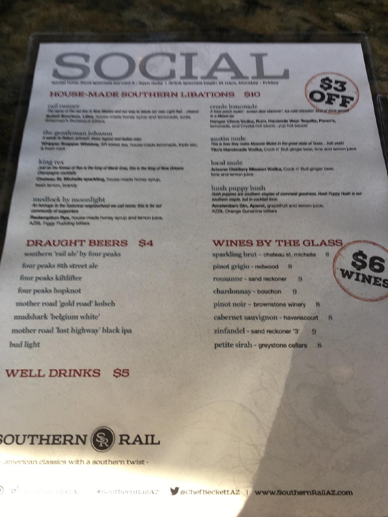 Menu at Southern Rail Restaurant, Phoenix
