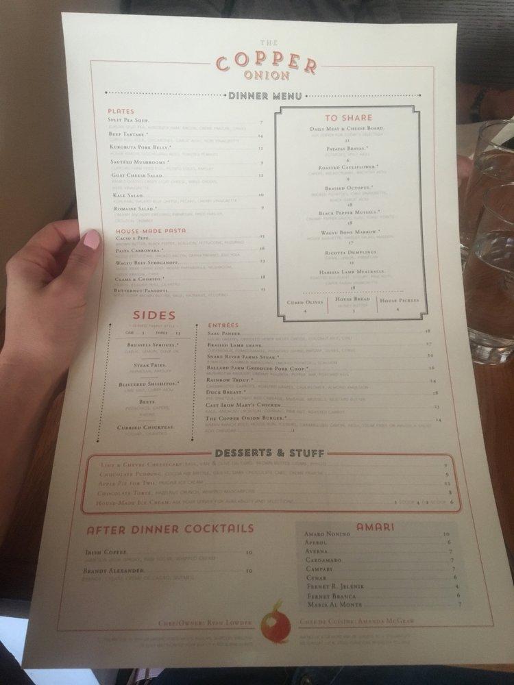 Menu at The Copper Onion restaurant, Salt Lake City