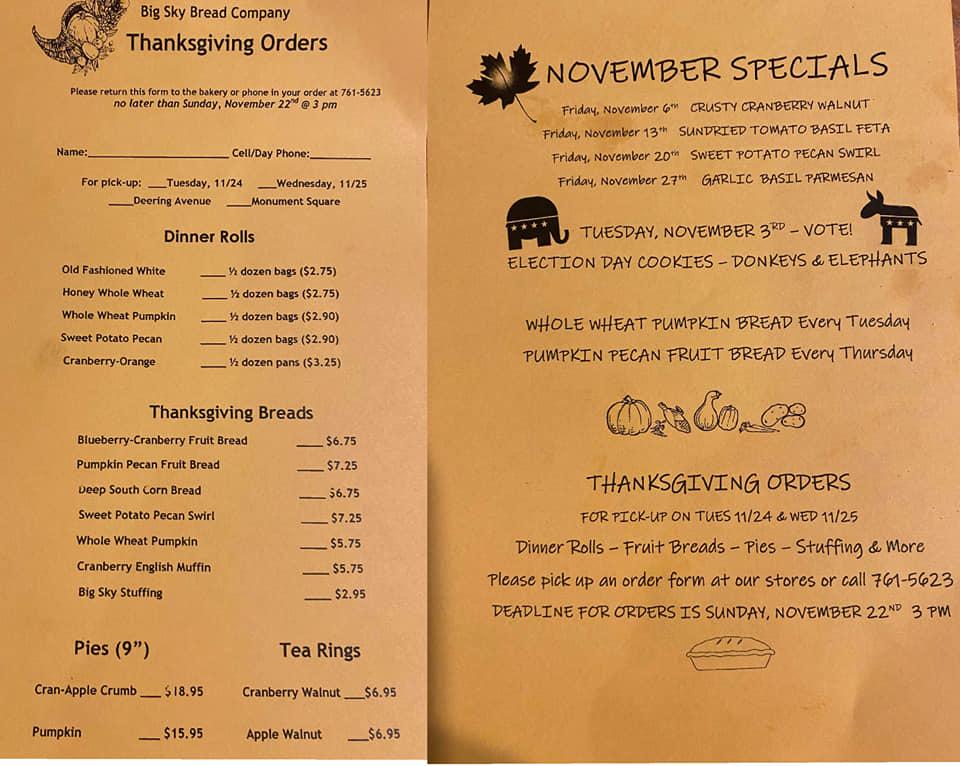 Menu at Big Sky Bread Company restaurant, Portland, 536 Deering Ave