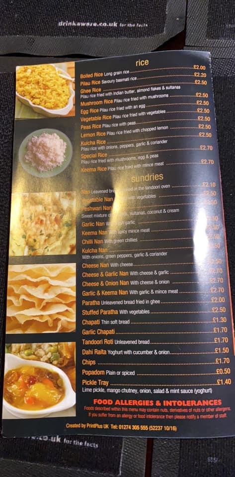Menu at Chutney restaurant, Sheffield