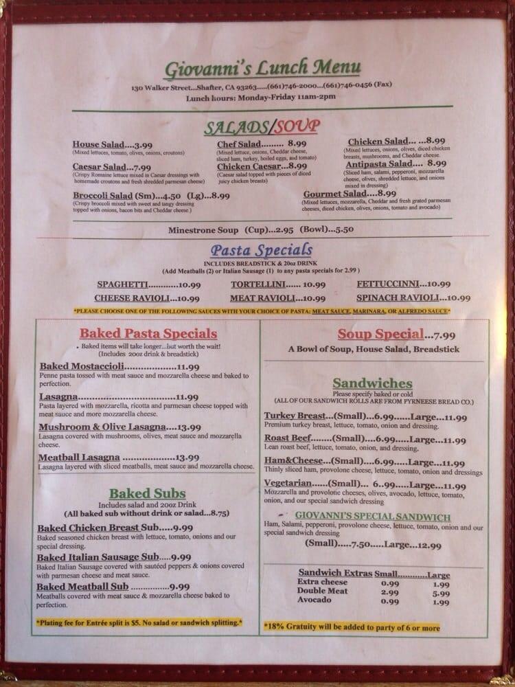 Menu at Giovanni's Italian Eatery pizzeria, Shafter