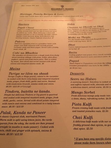 Menu at Gujarati Rasoi restaurant, London, 10c Bradbury St