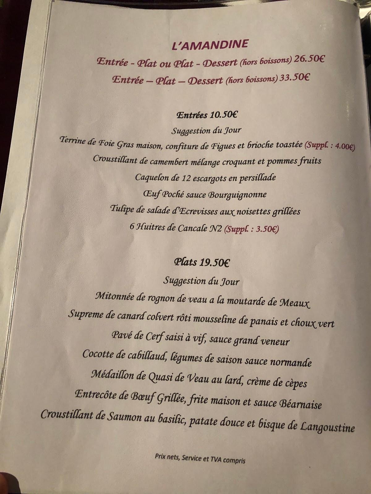 Carta del restaurante L'Amandine, Vanves, 3 Rue Larmeroux