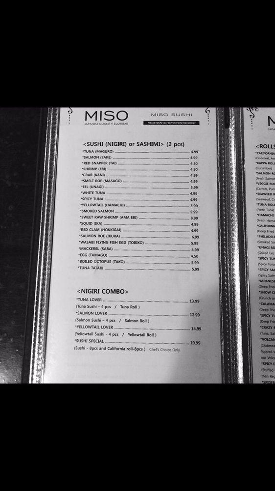 Menu at Miso Sushi House restaurant, West Point