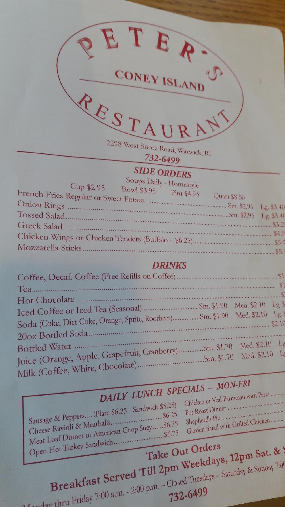 Menu at Peter's Coney Island Restaurant, Warwick
